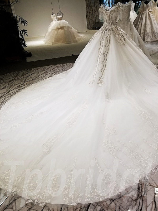 Ball Gown Long Sleeve Wedding Dress Sparkly Lace Long Train Bridal