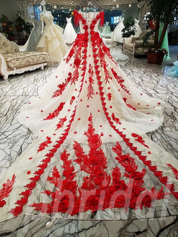 Red Lace Wedding Dress Ball Gown Long Sleeve With Train
