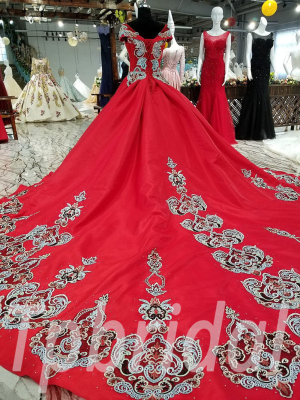 Red Prom Dress Long Train A Line Off Shoulder Bridal Dress