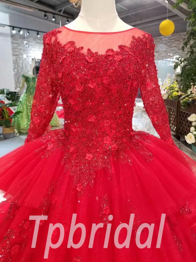 Evening Dress With Train Red Long Sleeve Wedding Dress