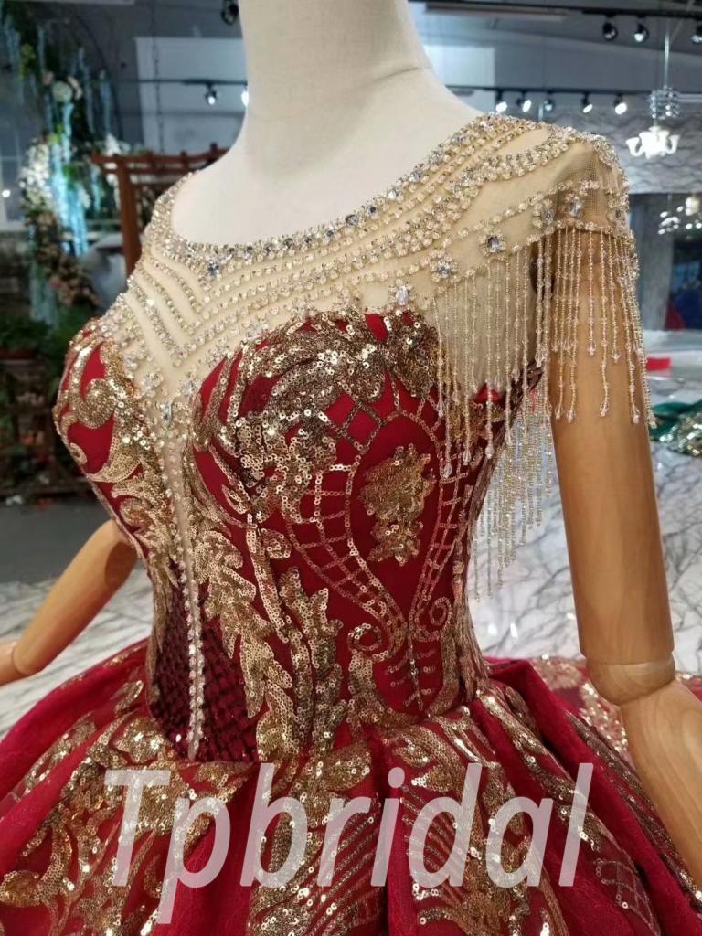 Red And Gold Wedding Dress Illusion Neckline Ball Gown