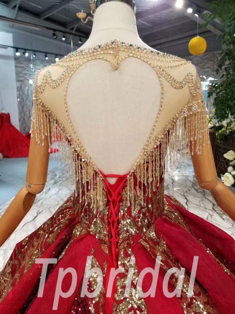 Red And Gold Wedding Dress Illusion Neckline Ball Gown