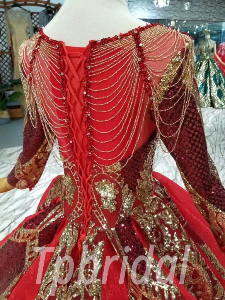 Red Bridal Dress Long Sleeve Ball Gown Train Formal Dress