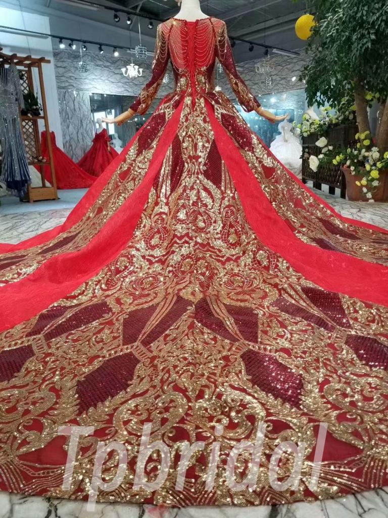 Red Bridal Dress Long Sleeve Ball Gown Train Formal Dress