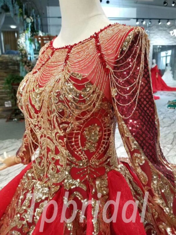 Red Bridal Dress Long Sleeve Ball Gown Train Formal Dress