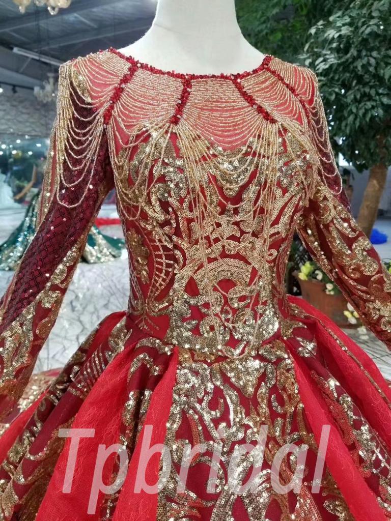 Red Bridal Dress Long Sleeve Ball Gown Train Formal Dress
