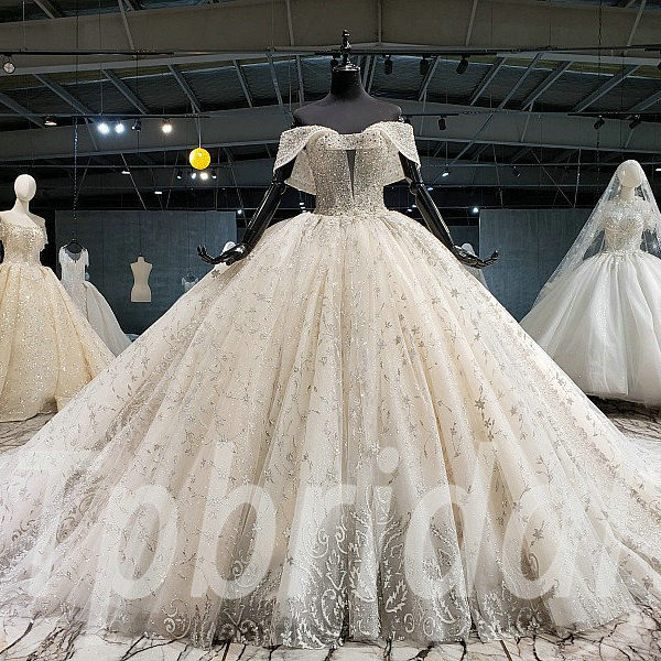 Crystal Ball Gown Wedding Dress Off The Shoulder Long Train