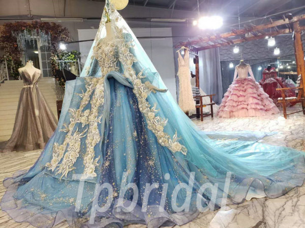 Blue And Gold Wedding Dress Ball Gown Long Sleeve With Veil