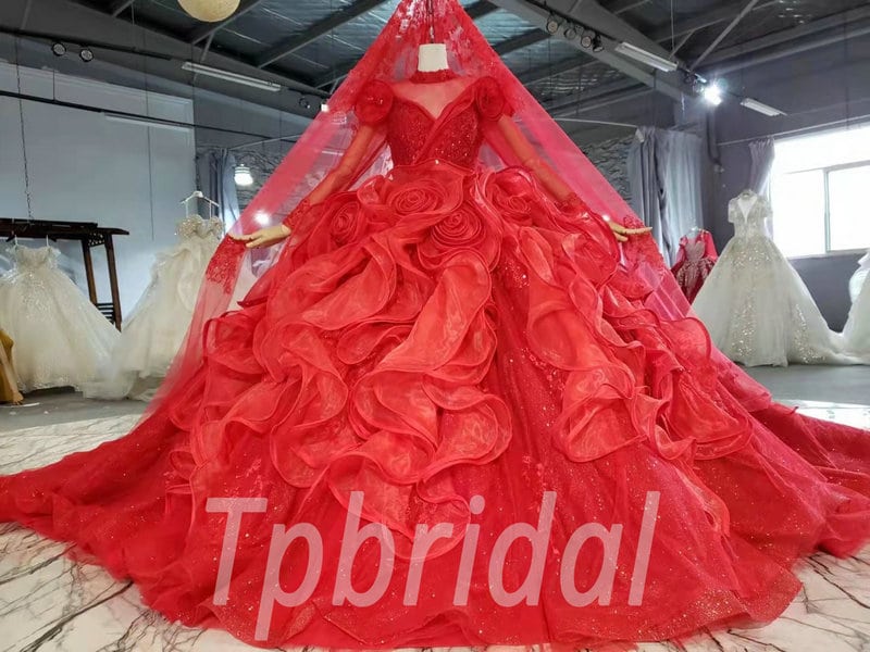 Red Long Sleeve Wedding Dress Princess Ball Gown Quinceanera Dress