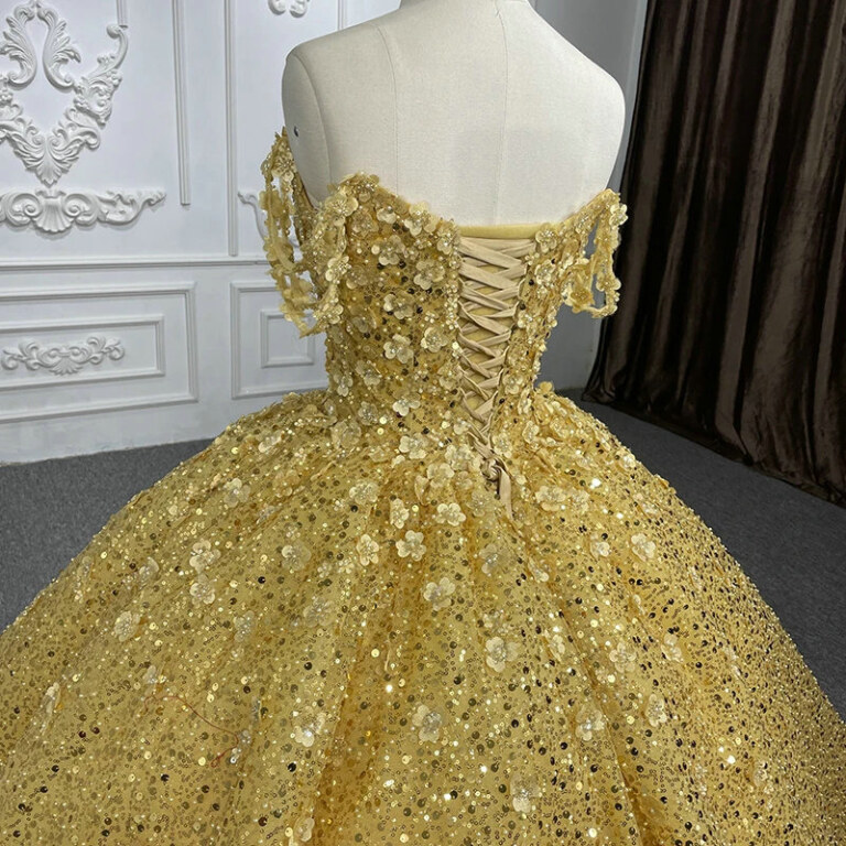 Yellow Gold Wedding Dress Sparkly Quinceanera Dress